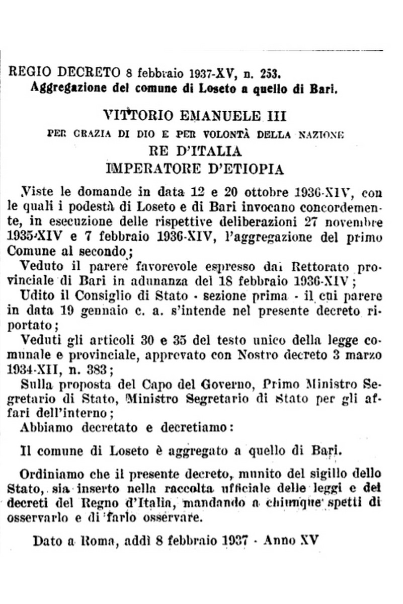Accadde a Bari – Loseto diventa frazione della città (1937) - Giornale ...